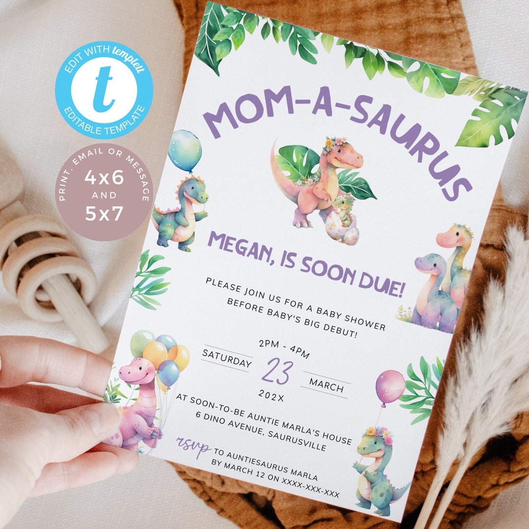 Dinosaur Baby Shower Invite, Mom-a-saurus Invitation, Pastel Mamasaurus ...