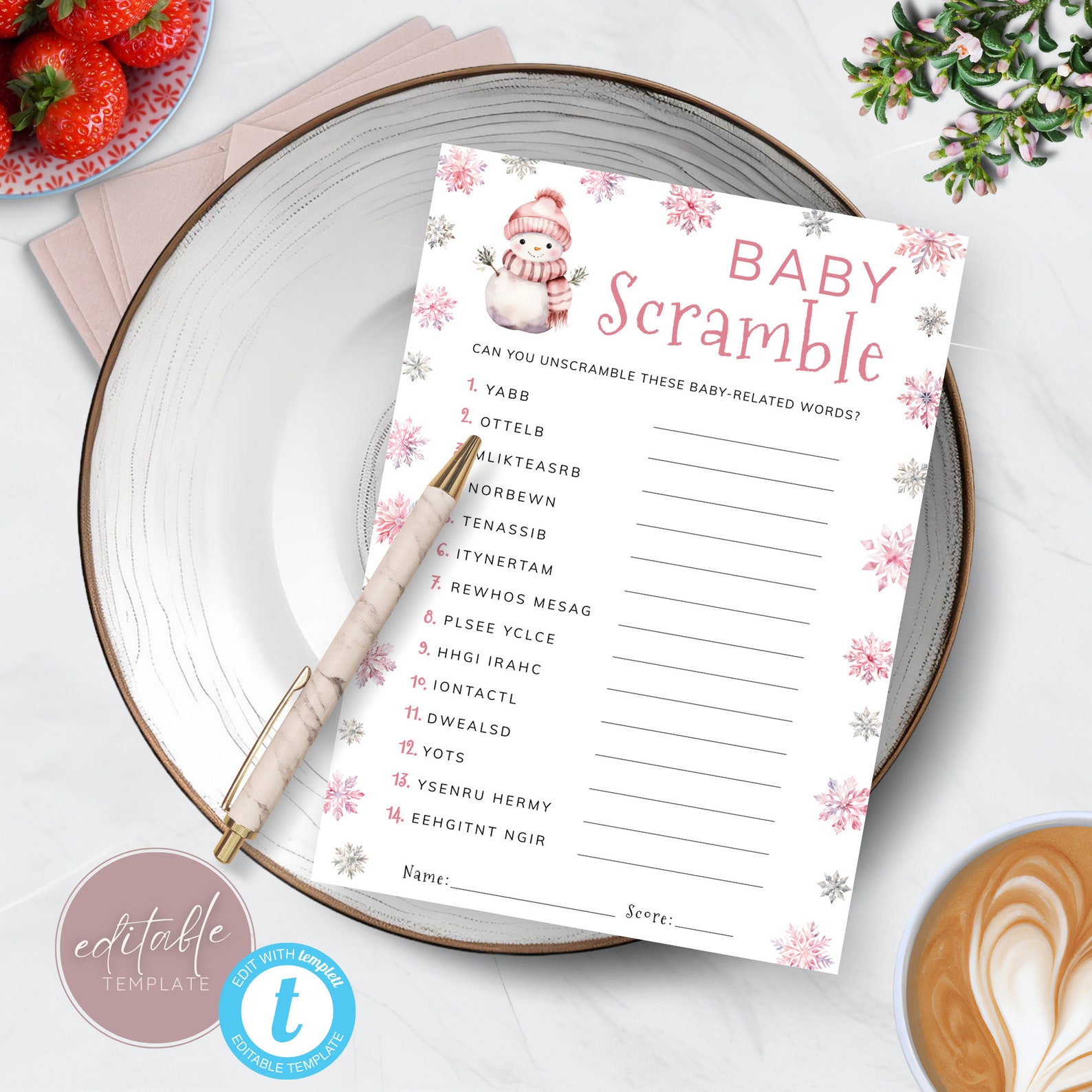 Word Scramble Baby Shower Game Answer Key Included in Pink Winter Theme ...