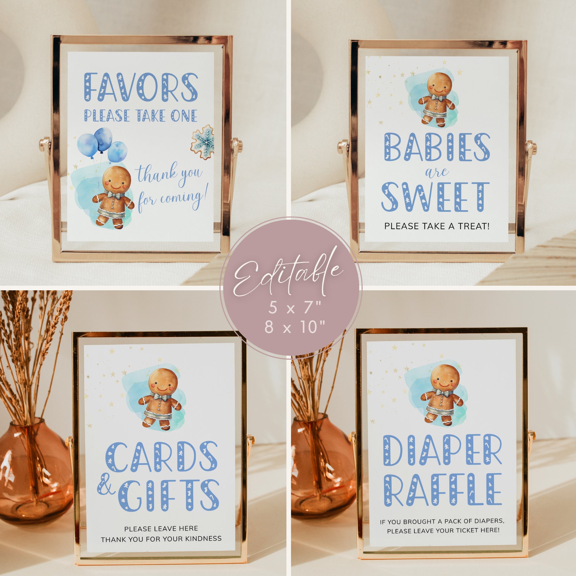 Blue Gingerbread Man Baby Shower Sign Bundle, Cookie Table Signage Set ...
