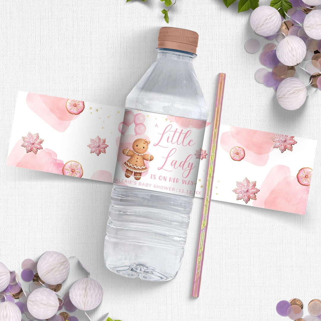 Gingerbread Water Bottle Label, Pink Christmas Cookie Baby Shower Decor ...