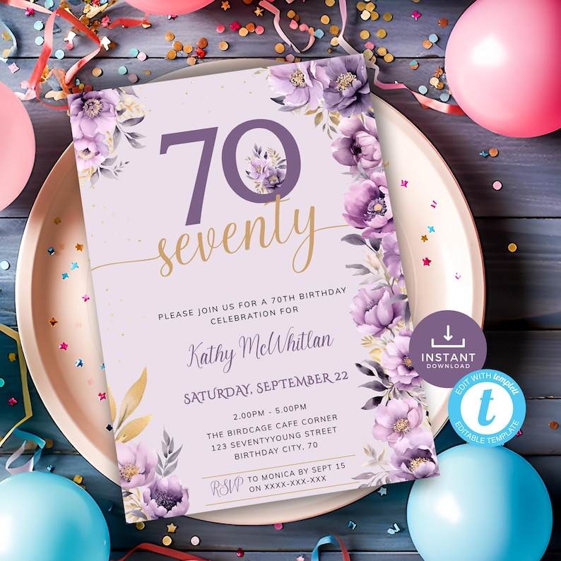 Purple & Gold 70th Birthday Invitation: Elegant Floral Invite ...