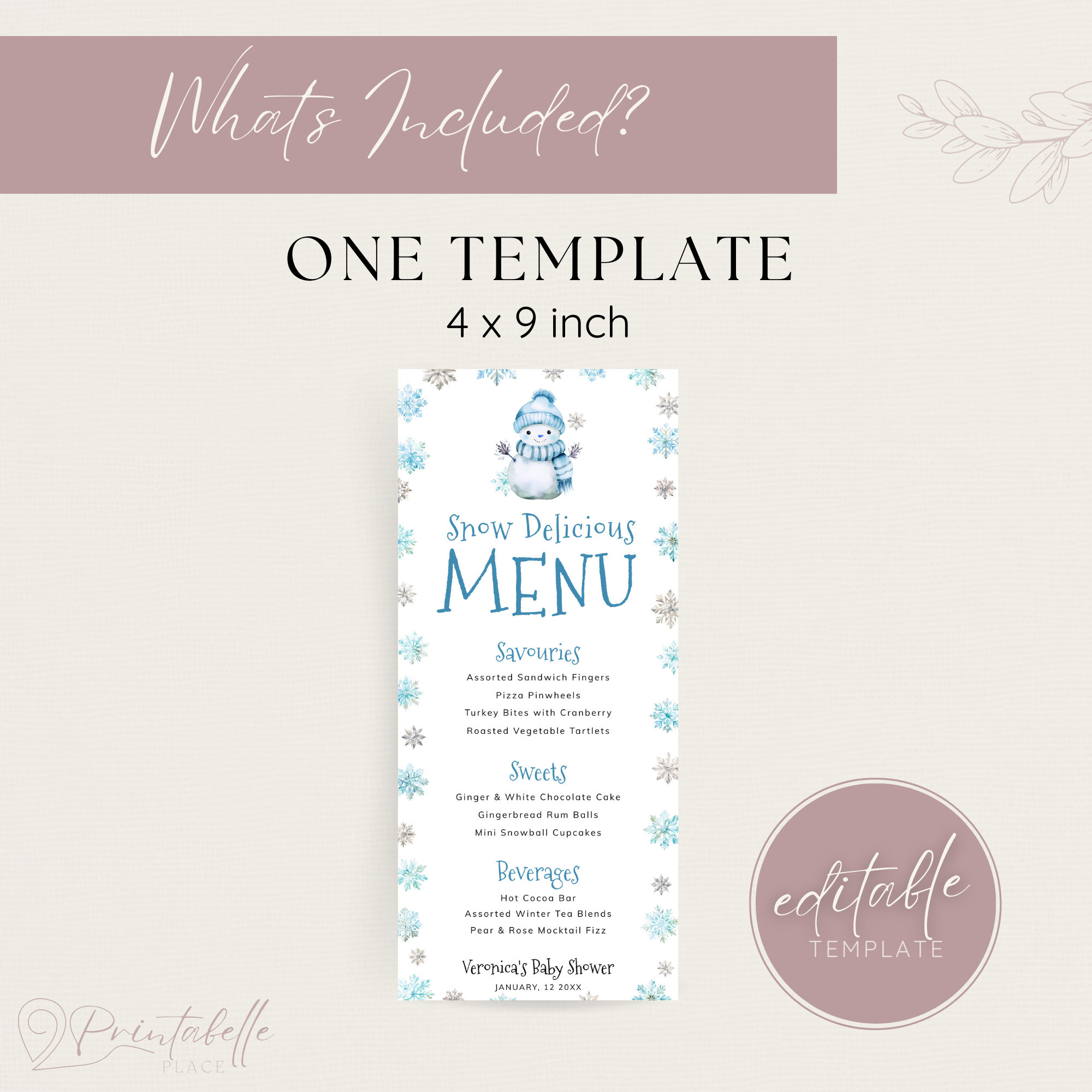 Winter Themed Menu Template, Dusty Blue Snowman Food List, Blue Snowflakes Baby Shower Brunch ...