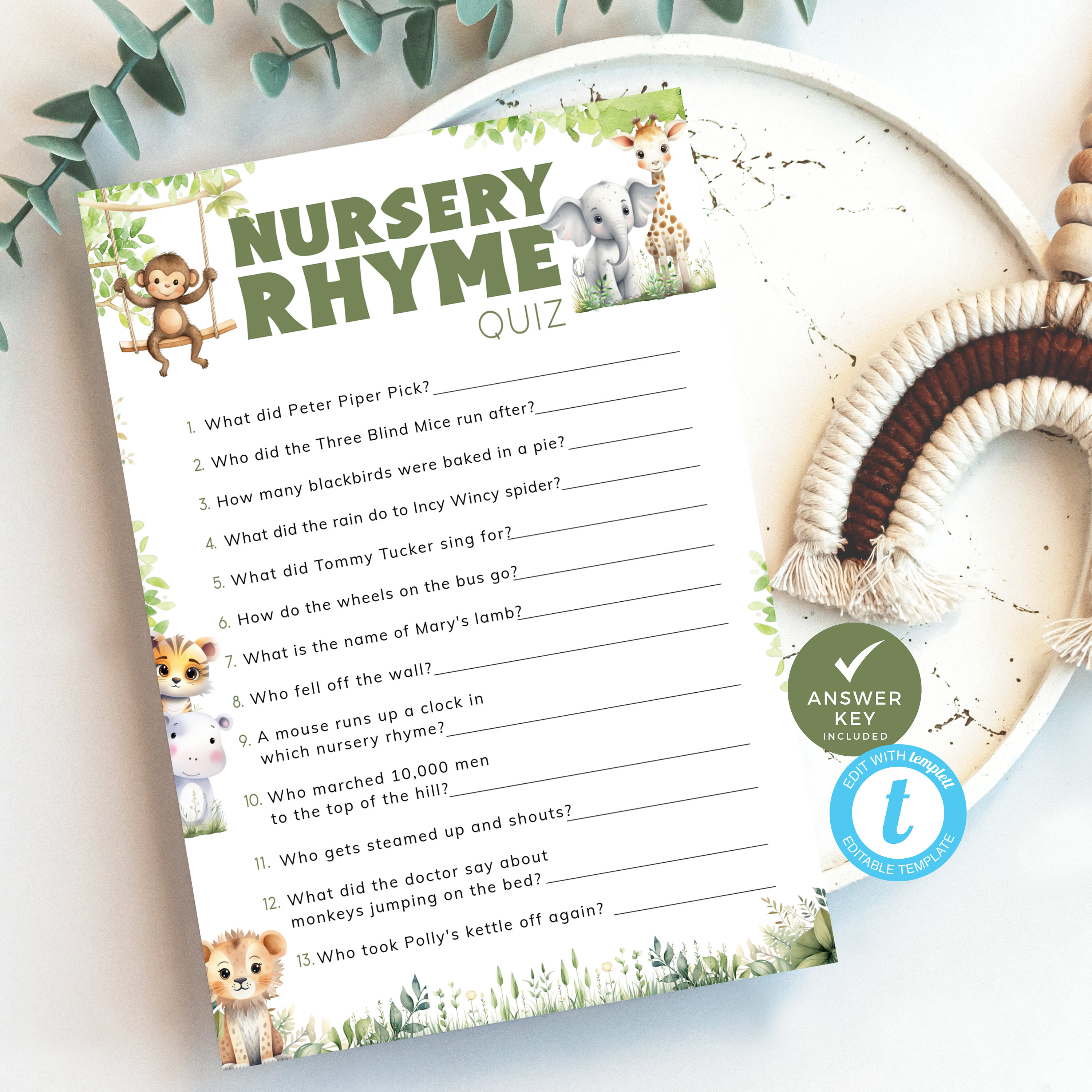 Safari Baby Shower Nursery Rhyme Quiz, A Little Wild One Childrens ...