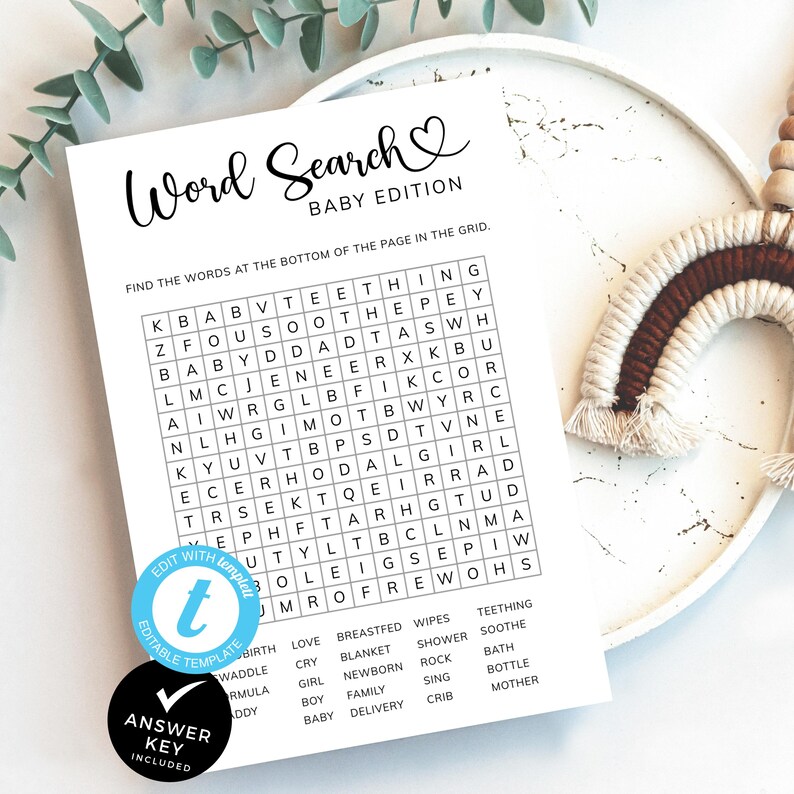 Word Search Puzzle Printable, Baby Shower Game, Modern Icebreaker ...