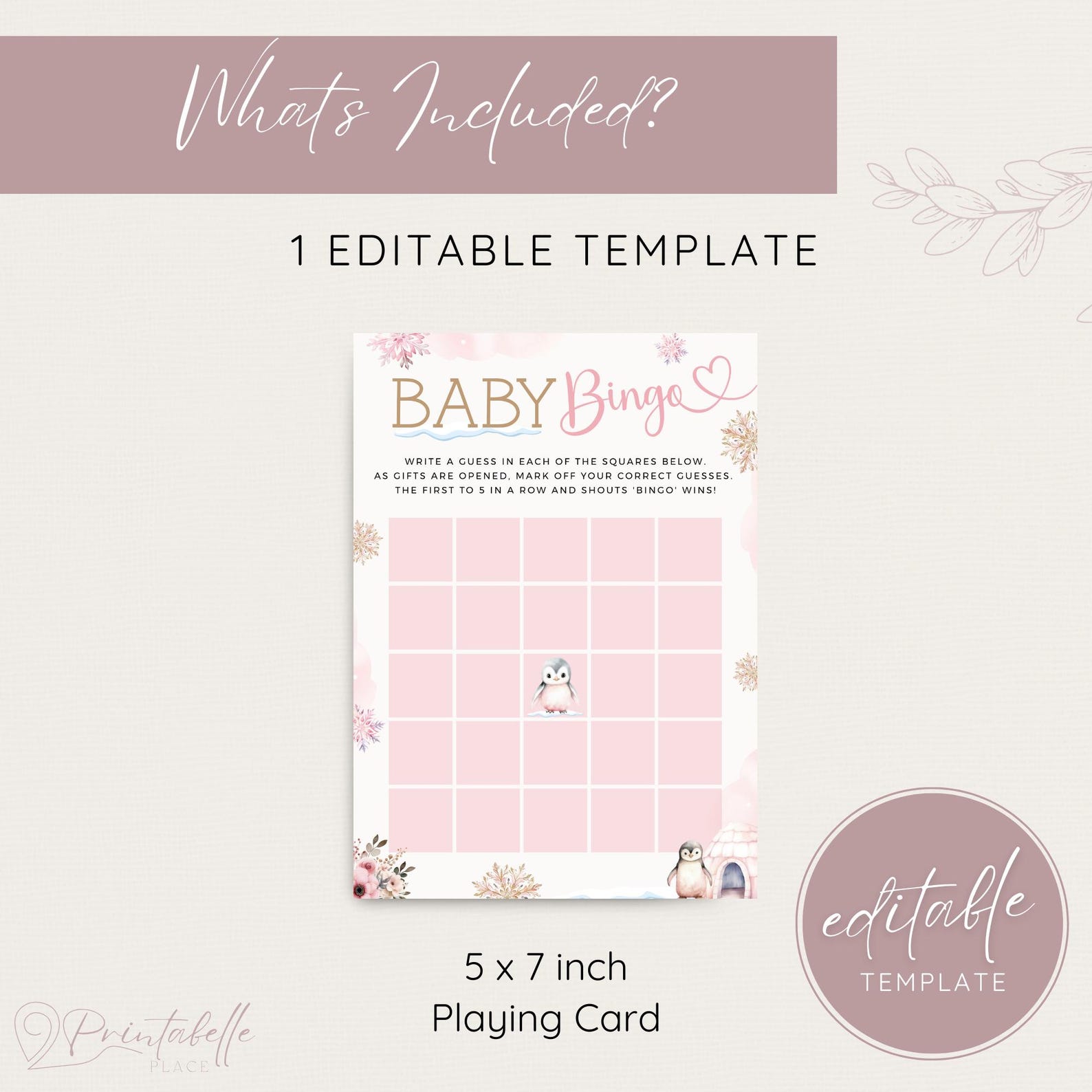 Winter Baby Shower Bingo, Pink Snowflake Baby Bingo Blank, Penguin ...