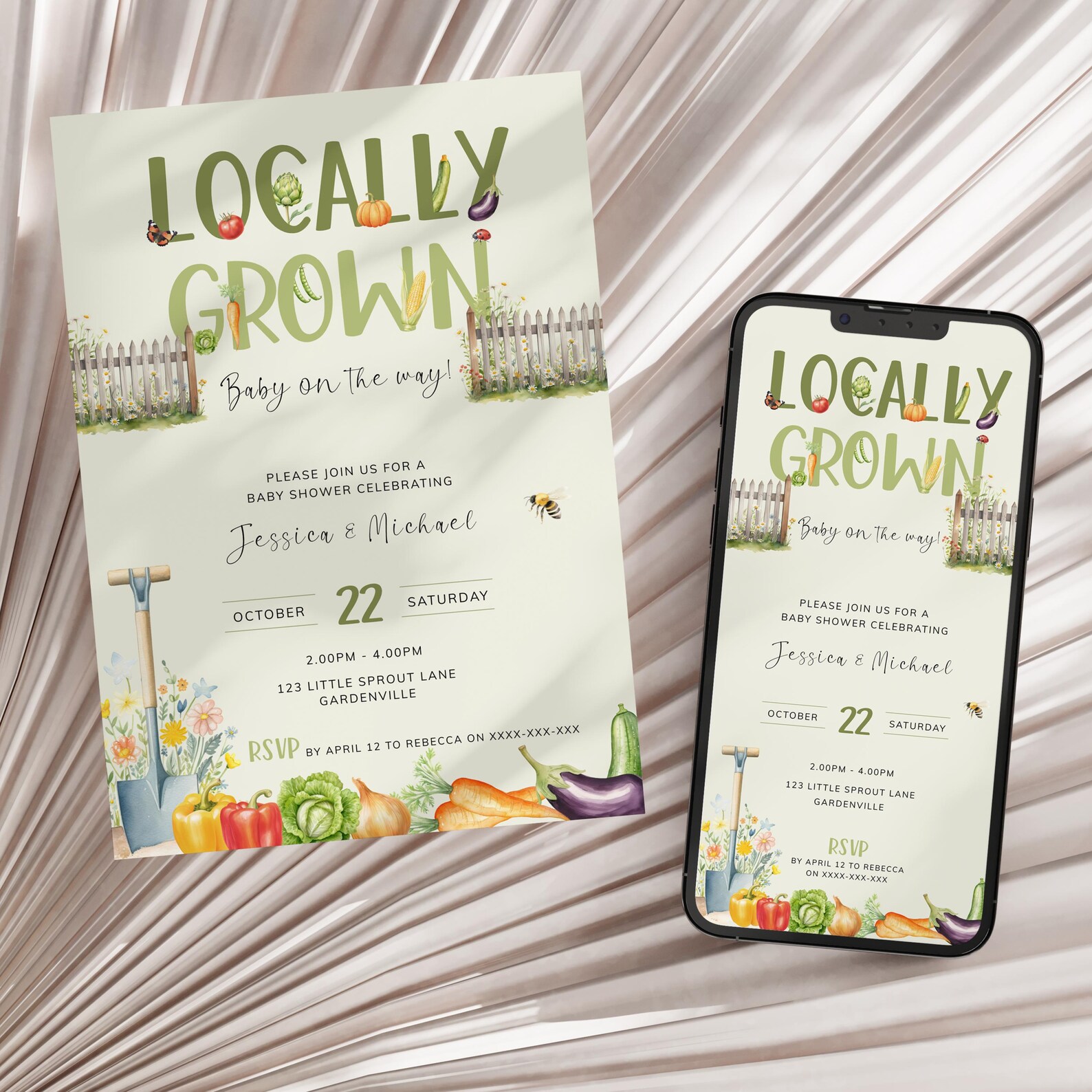 Locally Grown Baby Shower Invitation & Thank You Bundle, Sage Green ...