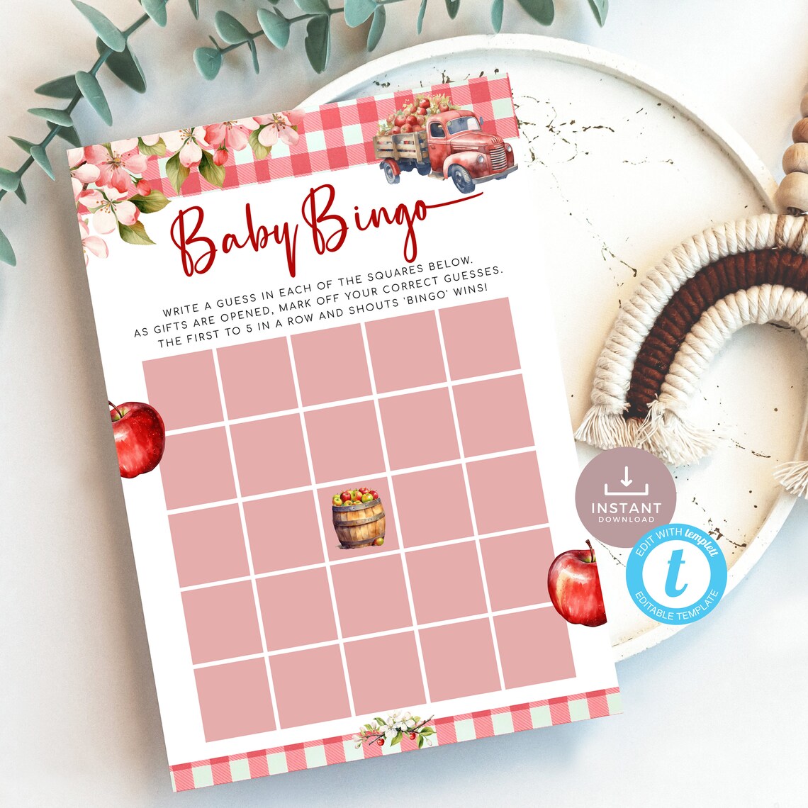 Apple of Our Eye Baby Shower Bingo Template, Red Apple Gift Guessing ...