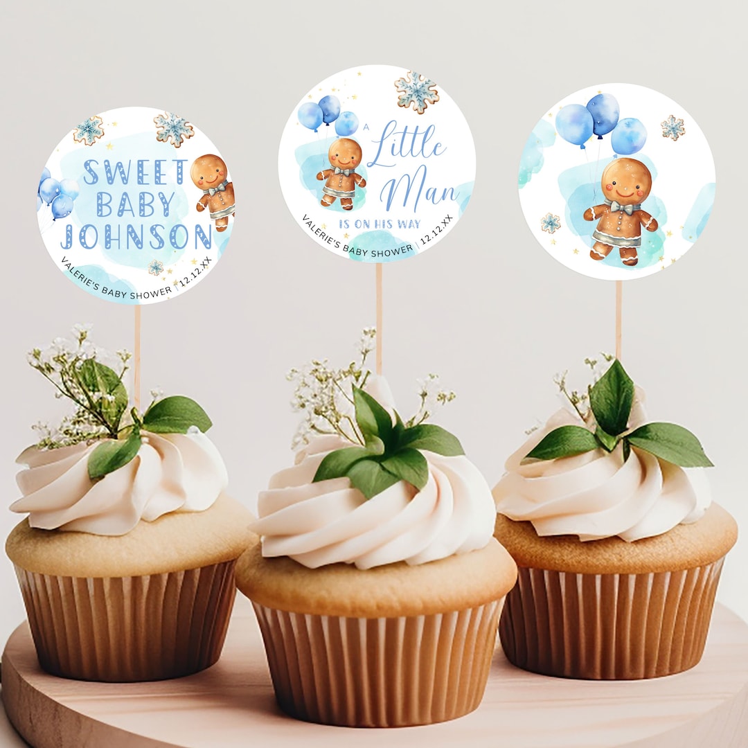 Gingerbread Man Baby Shower Cupcake Toppers, Blue Christmas Cookie Food ...