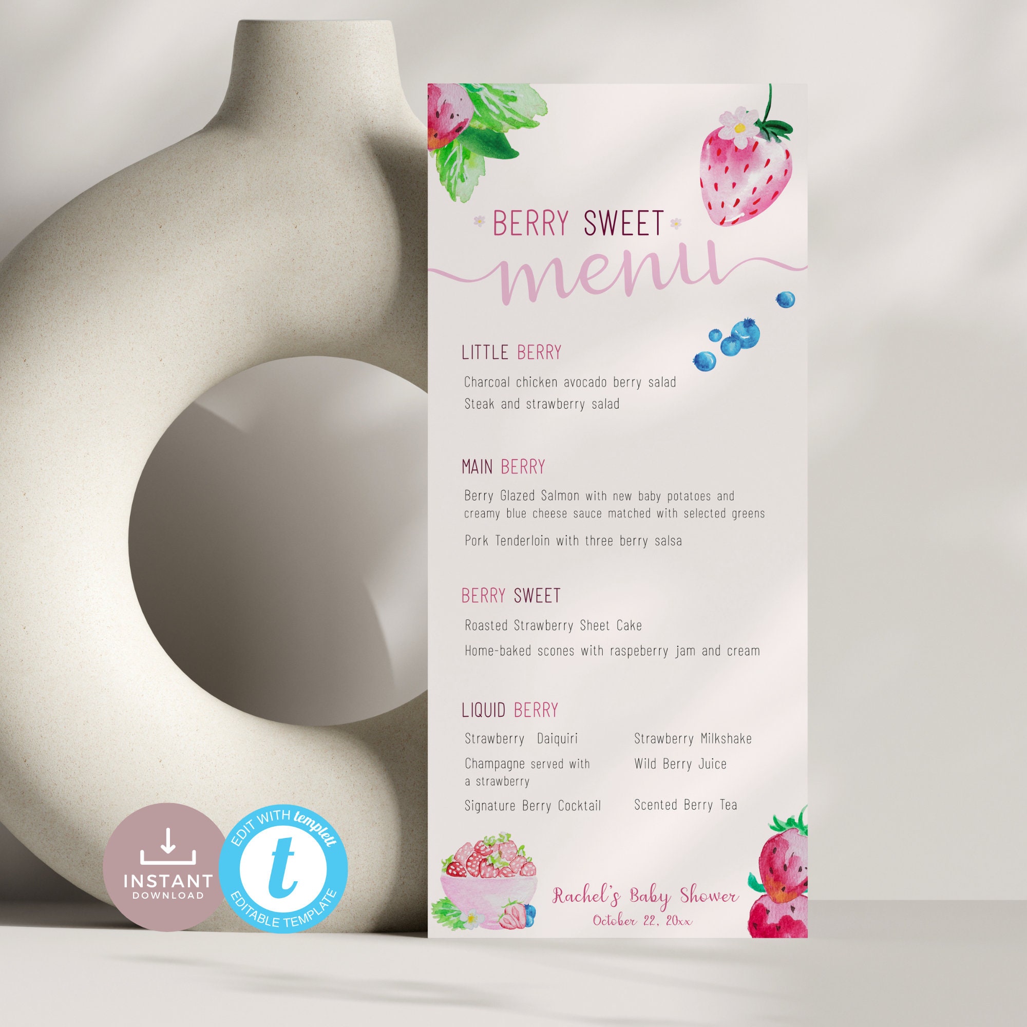 Berry Sweet Menu Card, Strawberry Themed Food and Drink List, Fruit ...