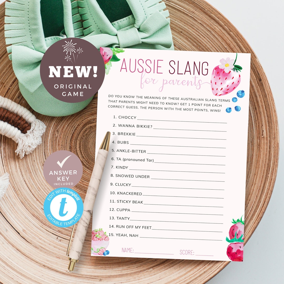 Strawberry Themed Baby Shower Game, Aussie Slang for Parents, Funny ...