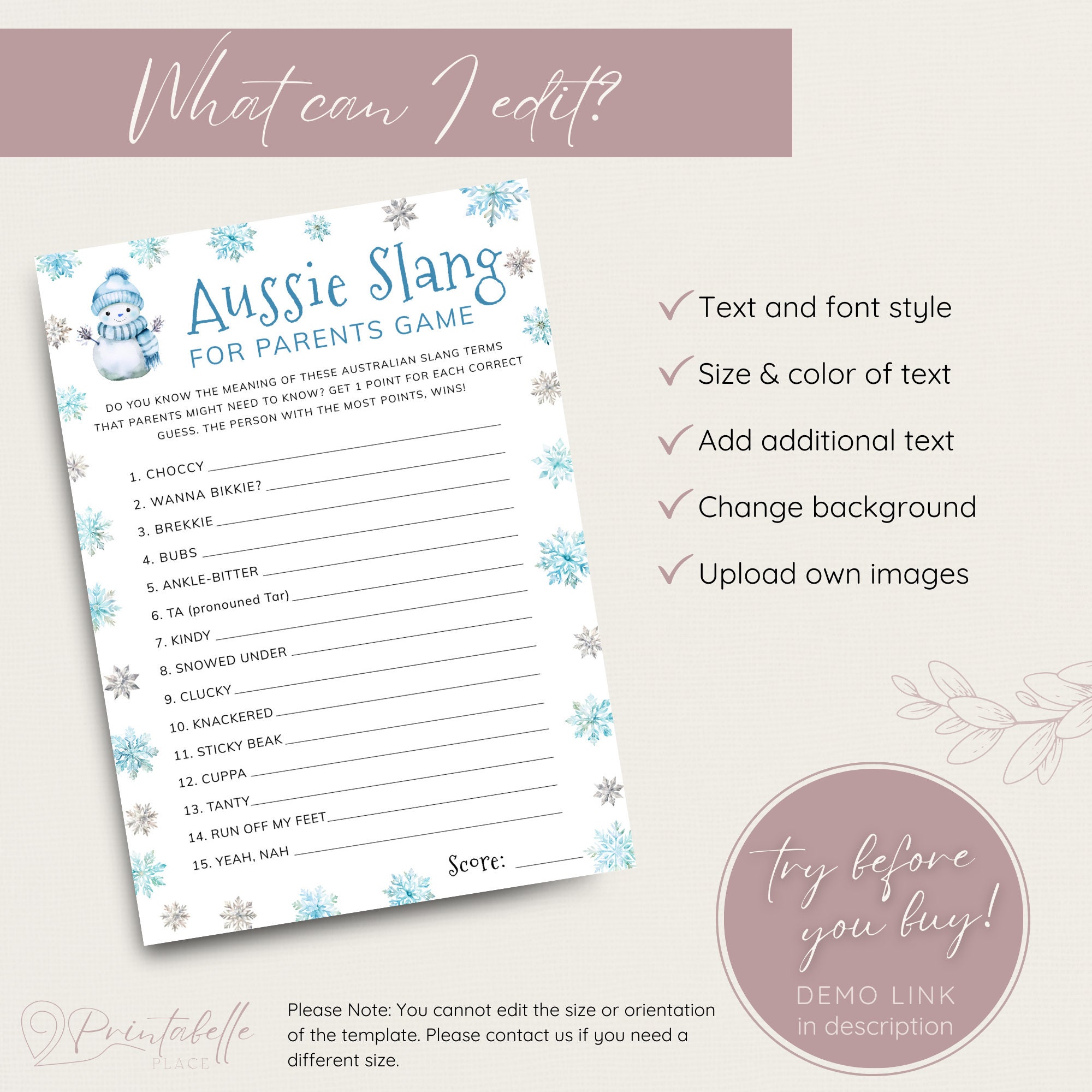 Blue Snowflake Baby Shower Game, Aussie Slang for Parents, Australian ...