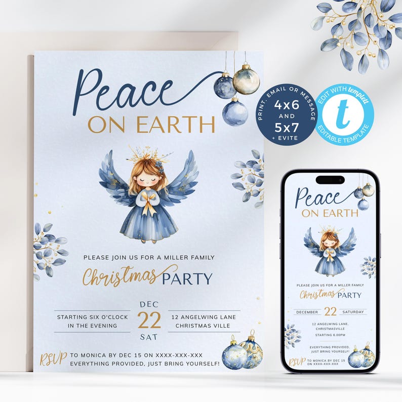Christmas Angel Invitation, Peace on Earth Holiday Invite, Religious ...