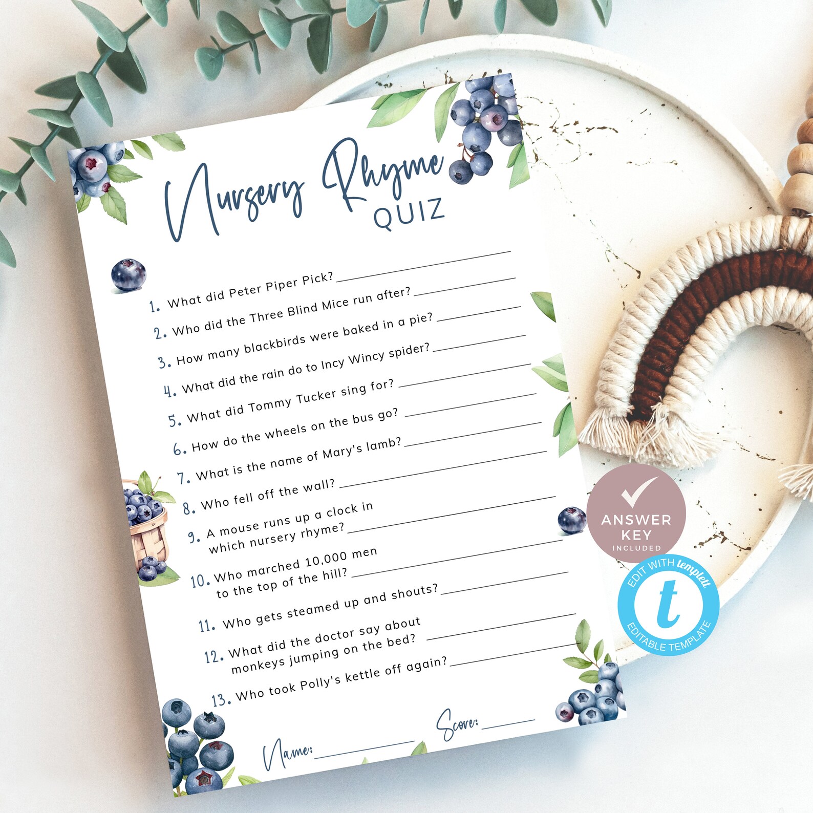 Blueberry Nursery Rhyme Quiz Game, Berry Sweet Baby Shower Trivia Games ...