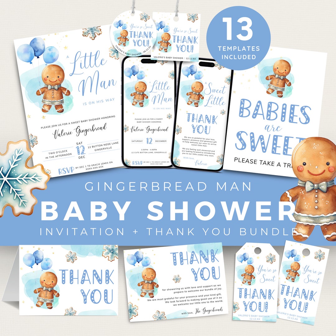 Gingerbread Man Baby Shower Invitation and Thank You Bundle, Blue ...