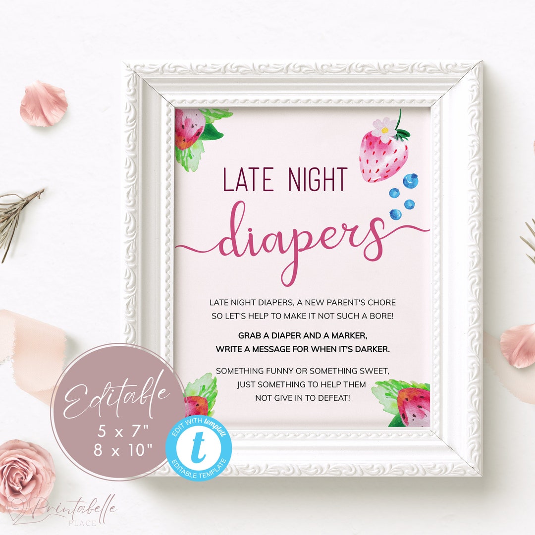 Strawberry Late Night Diaper Advice Sign, Berry Sweet Baby Shower ...