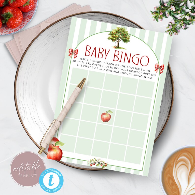 Apple Baby Shower Bingo Card Template, A Little Apple is About to Fall ...