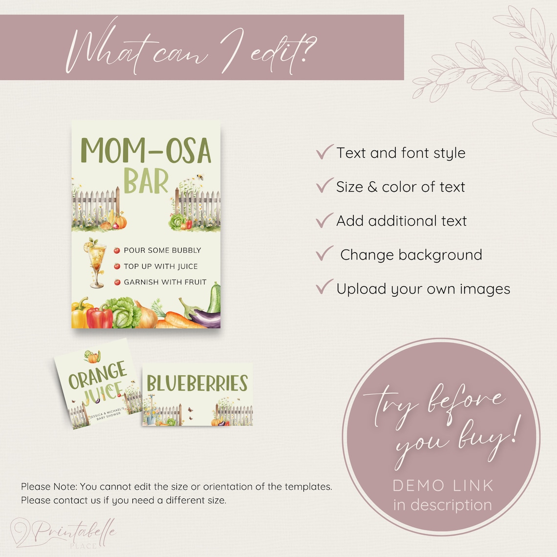 Locally Grown Momosa Bar Sign Template With Juice Labels & Fruit Buffet ...