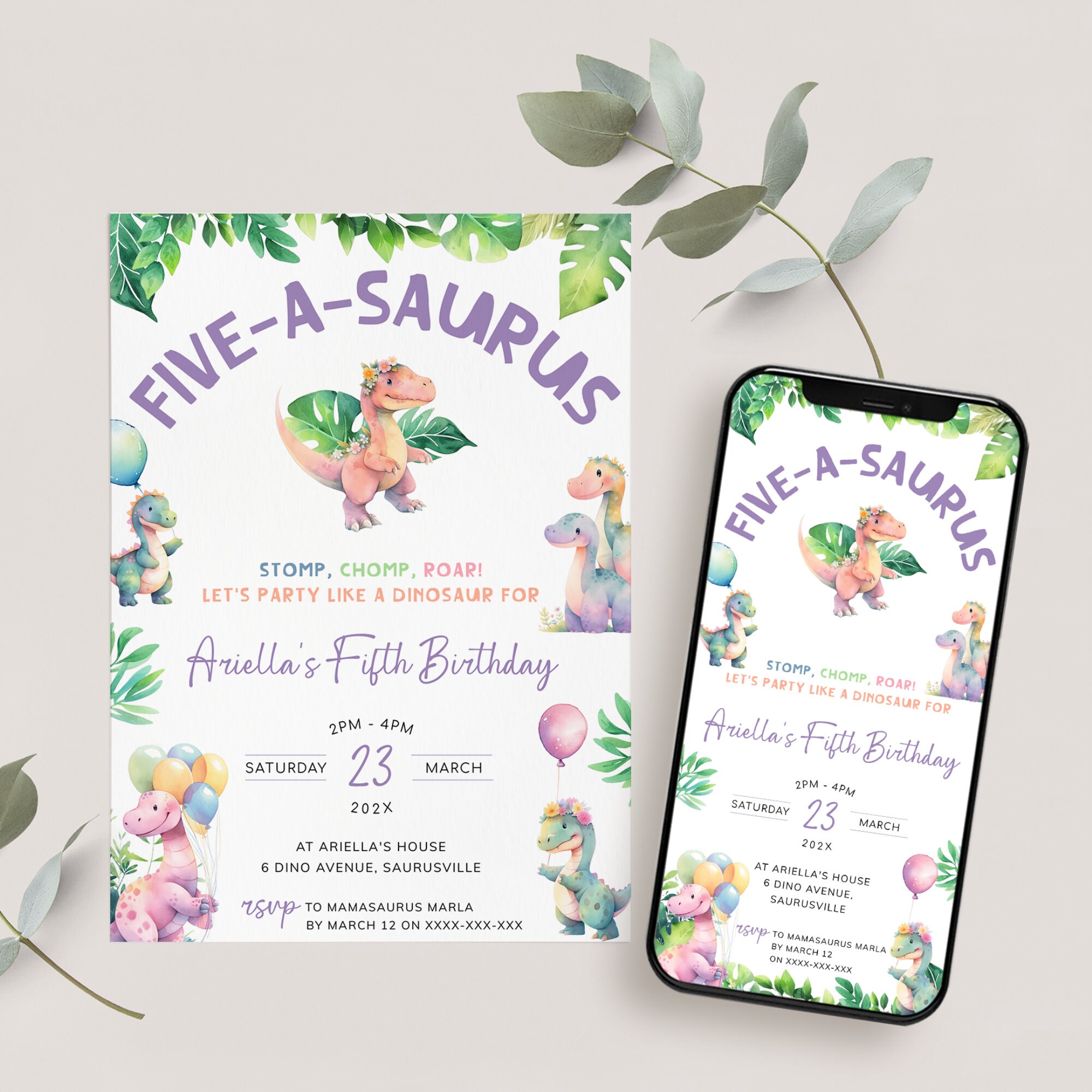 Pastel Dinosaur Party Invitation for Kids 5th Birthday Five-a-saurus ...