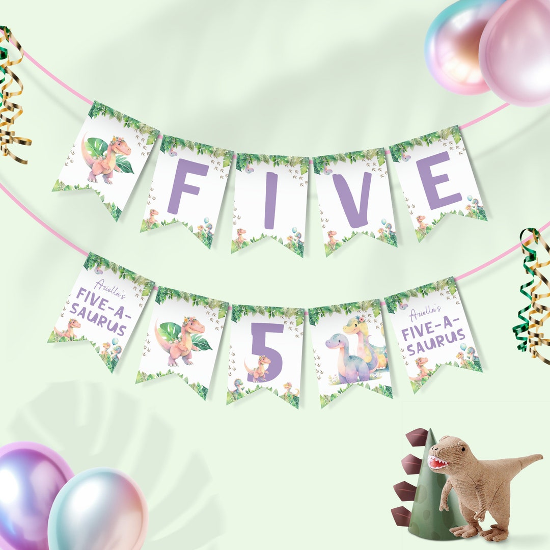 Five A Saurus Dinosaur 5th Birthday Bunting Template, Girl Pastel ...