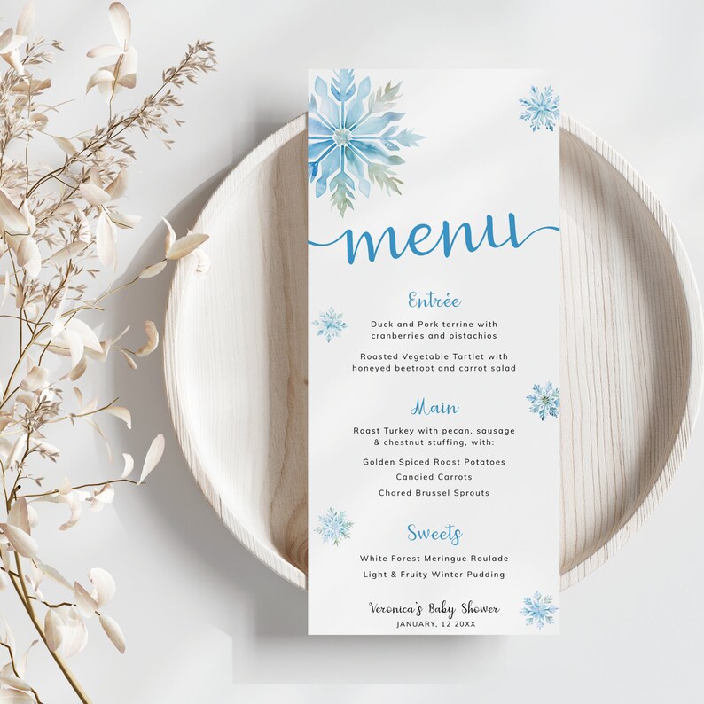 Snowflake Menu Card Template in Dusty Blue for Your Winter - Etsy