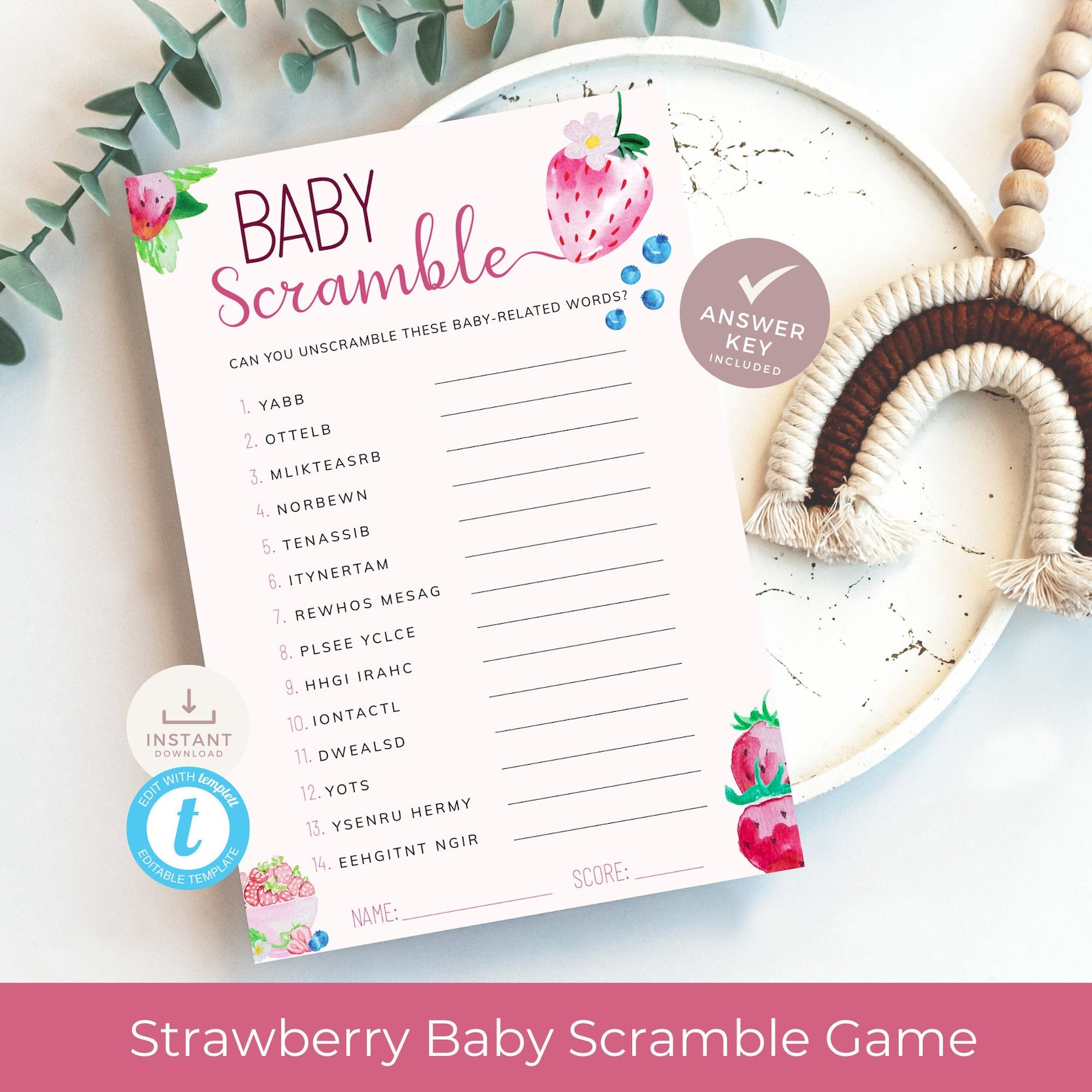 Strawberry Baby Scramble Game Template, Berry Sweet Baby Shower Word ...