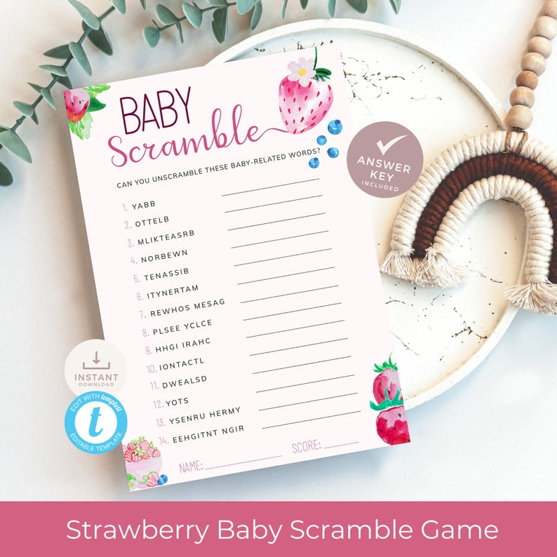Strawberry Baby Scramble Game Template, Berry Sweet Baby Shower Word ...