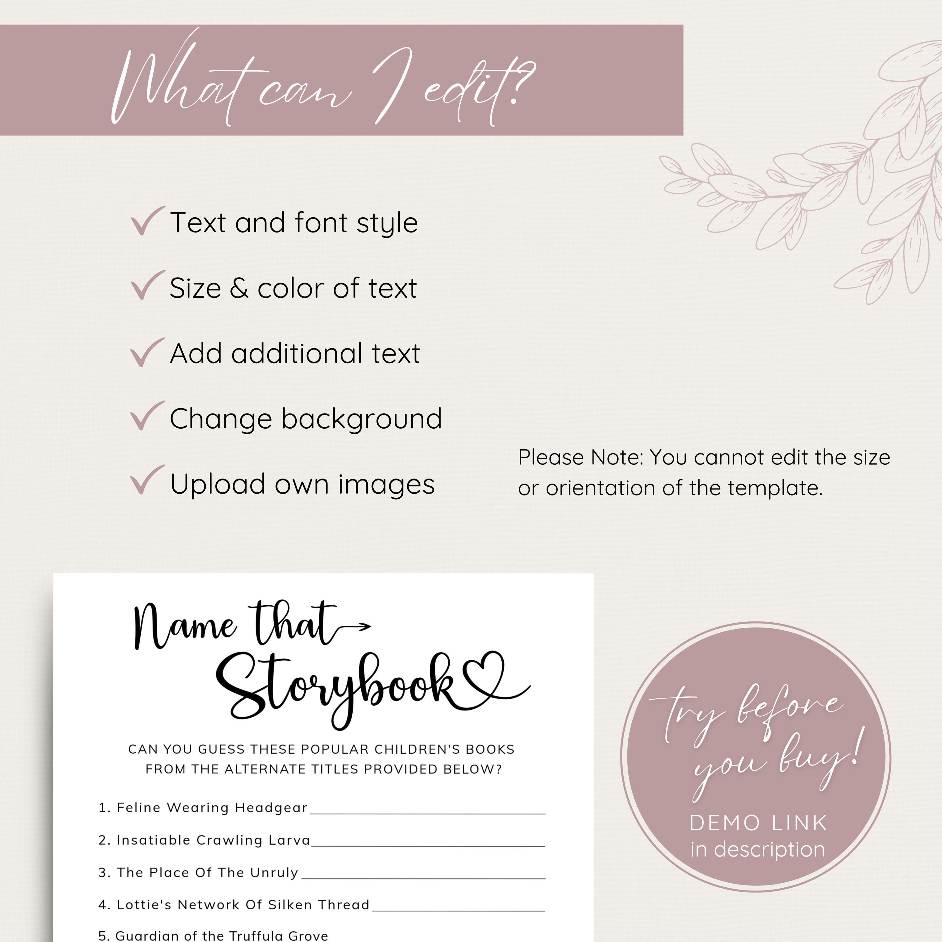 Name That Storybook Baby Shower Game, Alternate Titles Game, Minimal ...