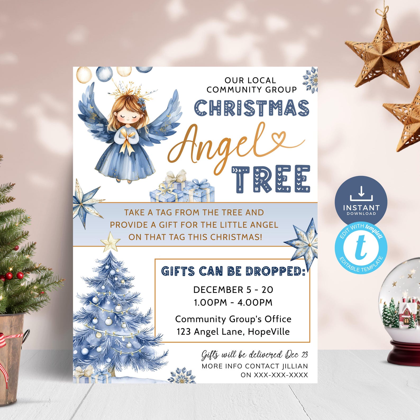 Christmas Angel Tree Flyer, Giving Tree Template, Blue Xmas Toy Drive ...