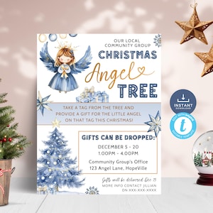 Christmas Angel Tree Flyer, Giving Tree Template, Blue Xmas Toy Drive ...