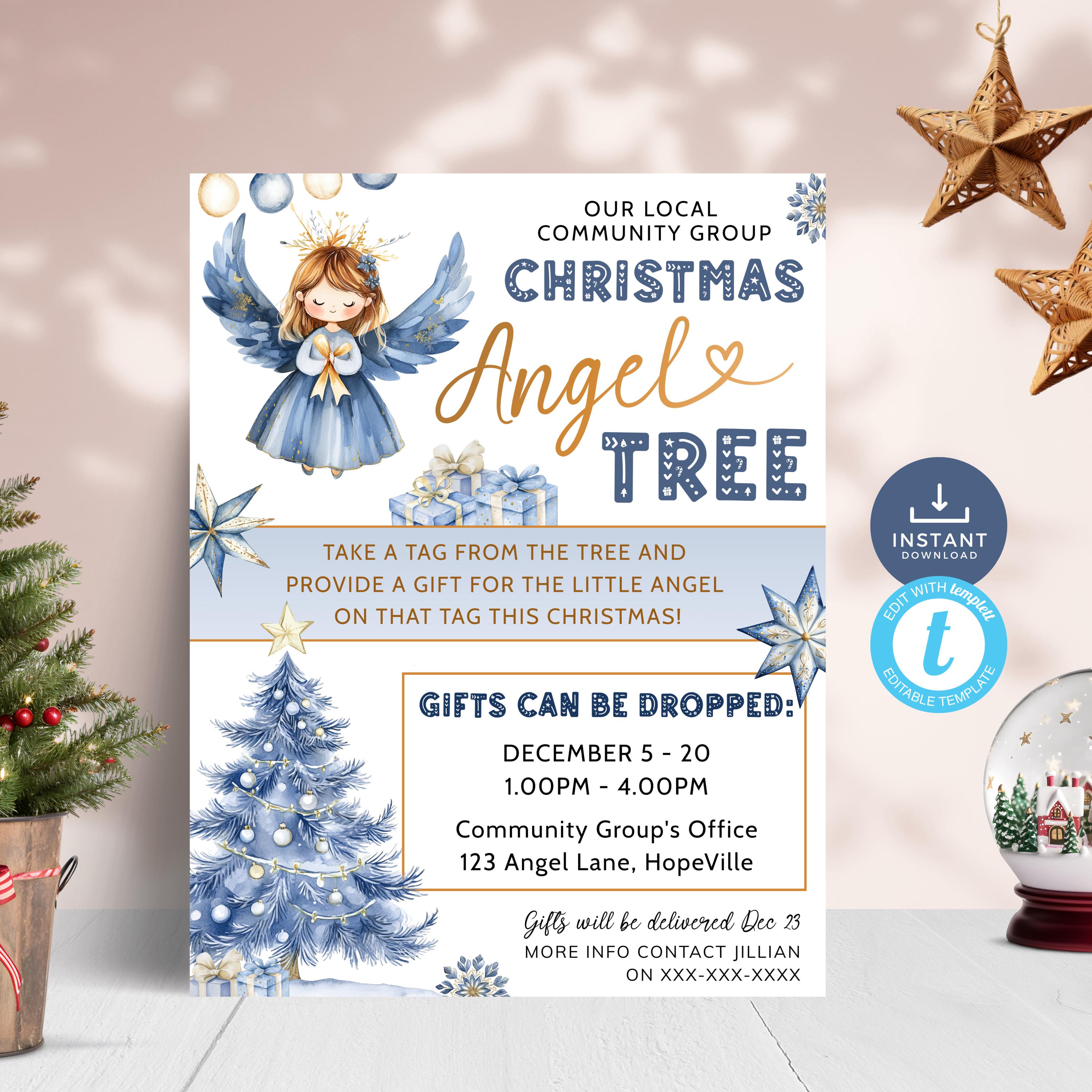 Christmas Angel Tree Flyer, Giving Tree Template, Blue Xmas Toy Drive ...