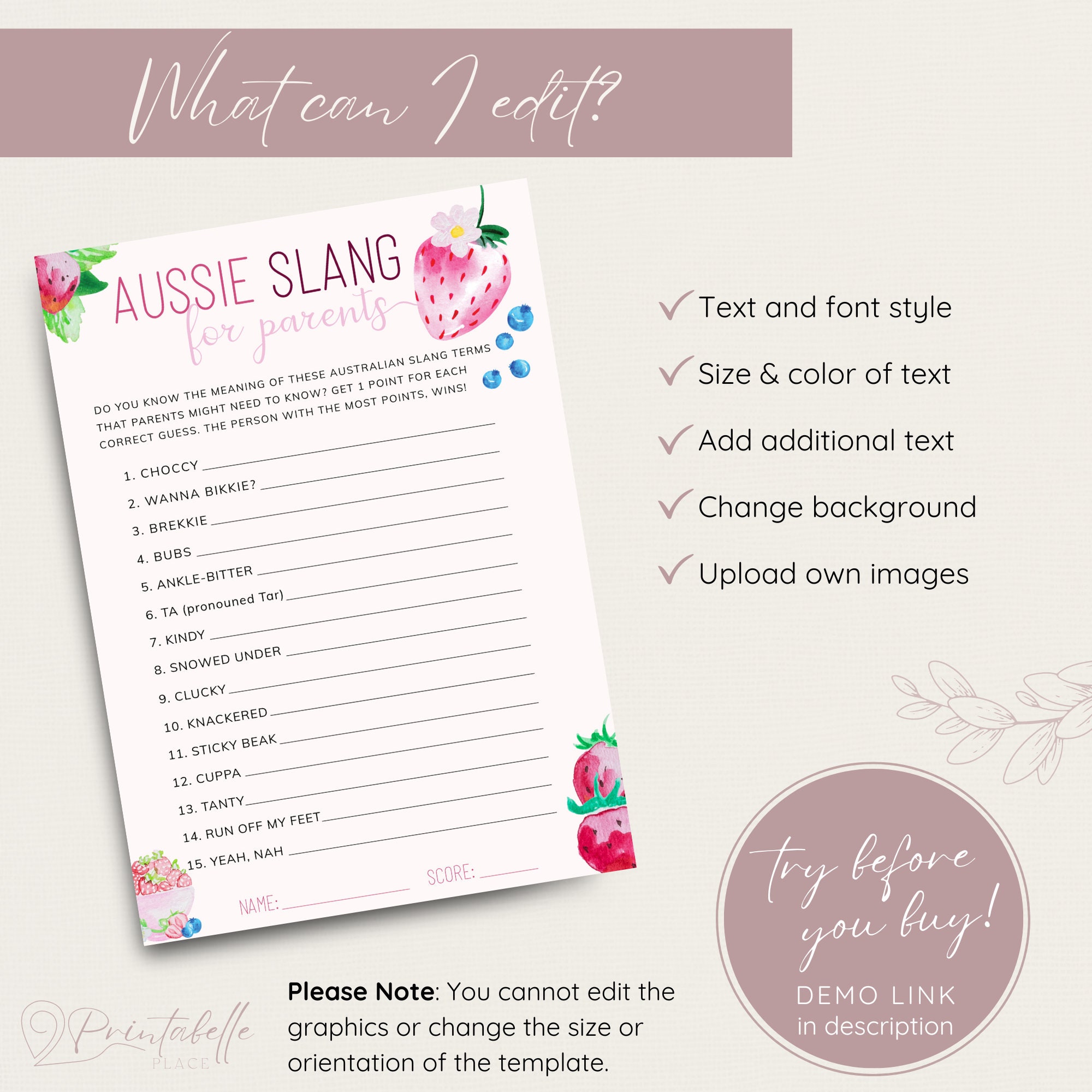 Strawberry Themed Baby Shower Game, Aussie Slang for Parents, Funny ...