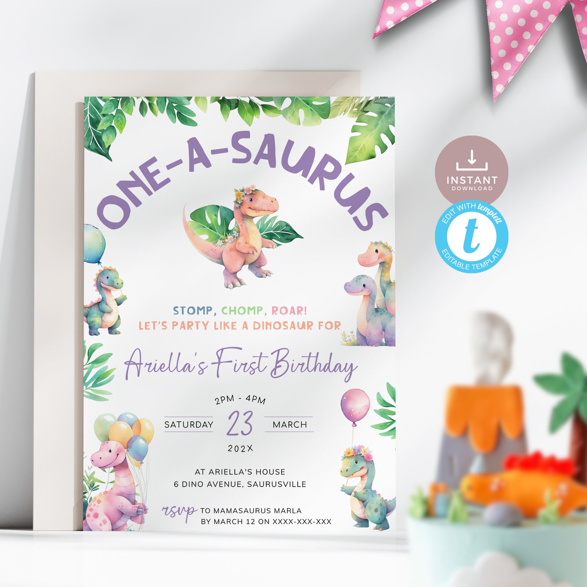 One A Saurus Birthday Invitation Template With Pastel Dinosaurs ...