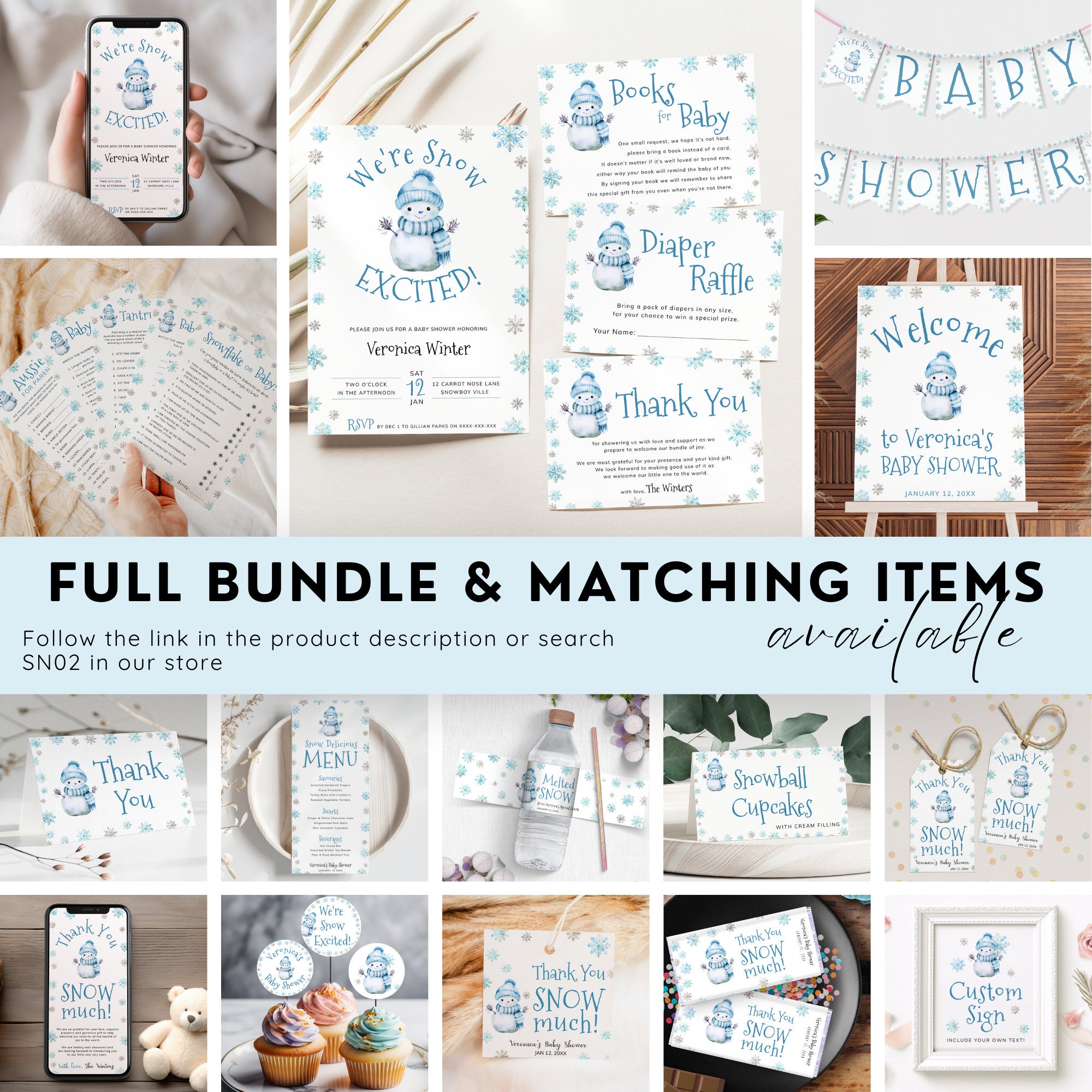 Winter Baby Shower Bingo Card in Dusty Blue With Snowflakes & Adorable ...