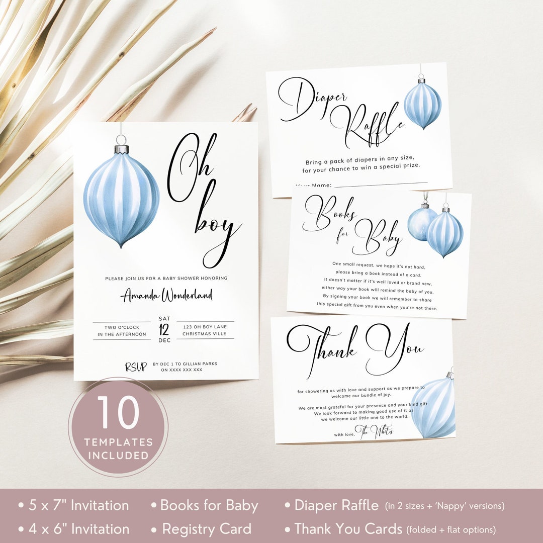 Dusty Blue Ornament Baby Shower Invite Bundle. Editable Invitation Set ...
