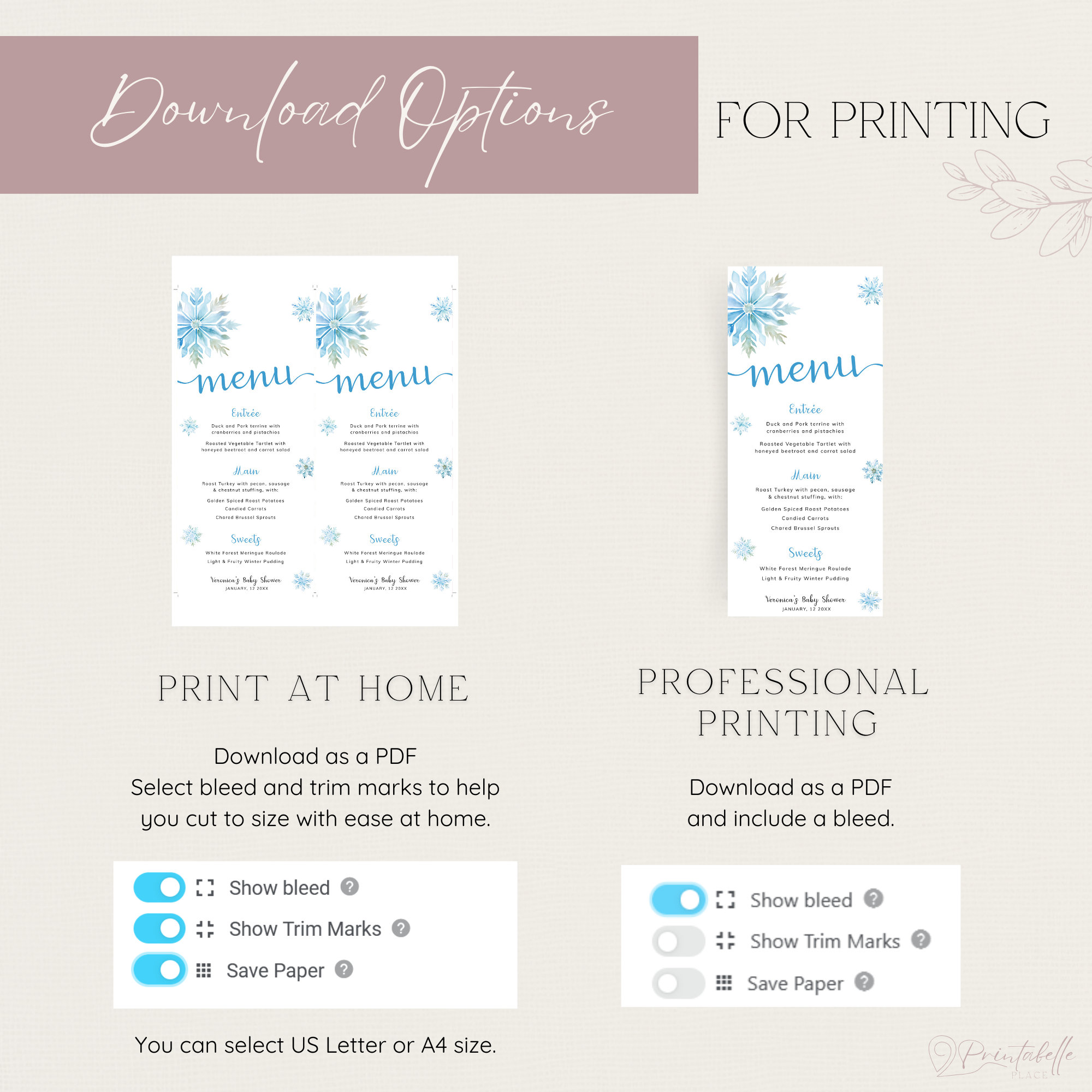 Snowflake Menu Card Template in Dusty Blue for Your Winter Wonderland ...