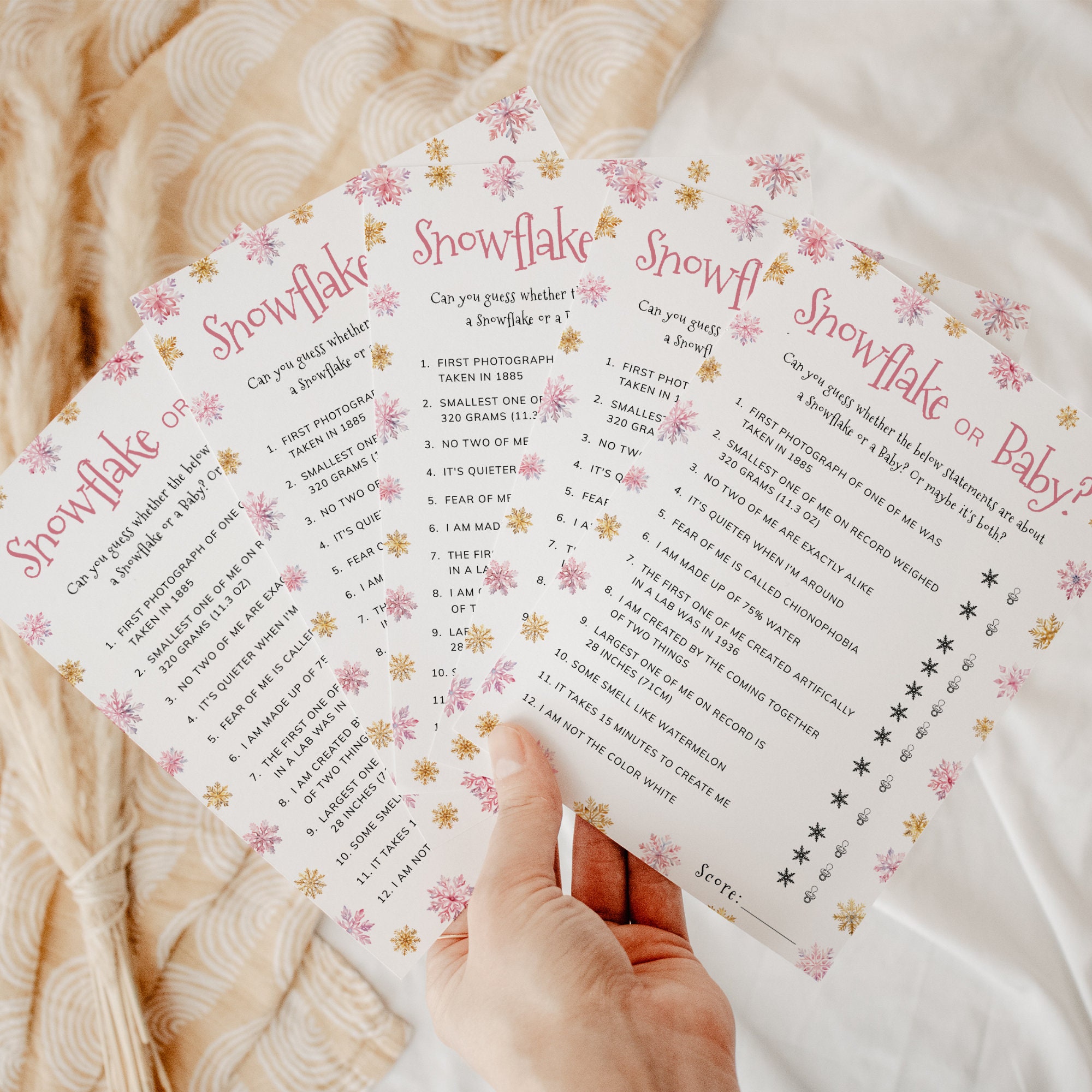 Pink and Gold Snowflake Baby Shower Game, Snowflake or Baby Trivia Quiz ...