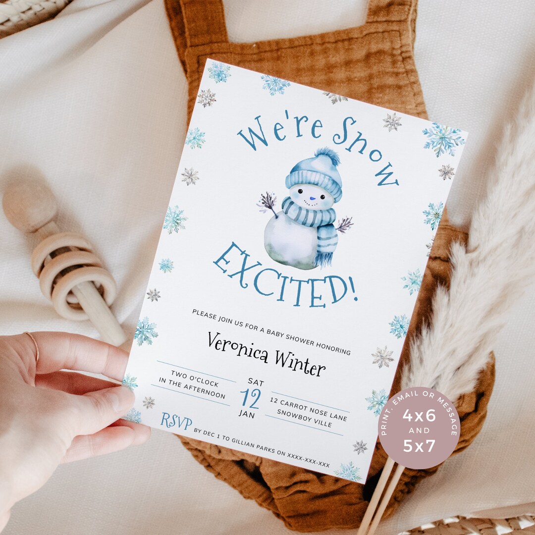 Blue Winter Snow Baby Shower Invitation. We're Snow Excited for This ...