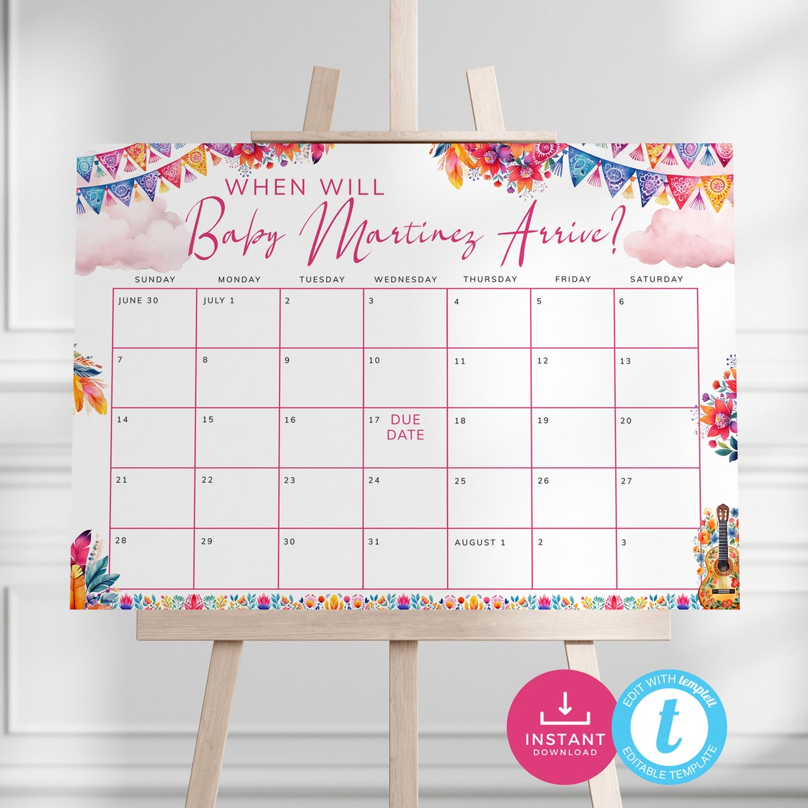 Cielito Lindo Guess the Arrival Date Calendar, Fiesta Theme Baby Shower ...