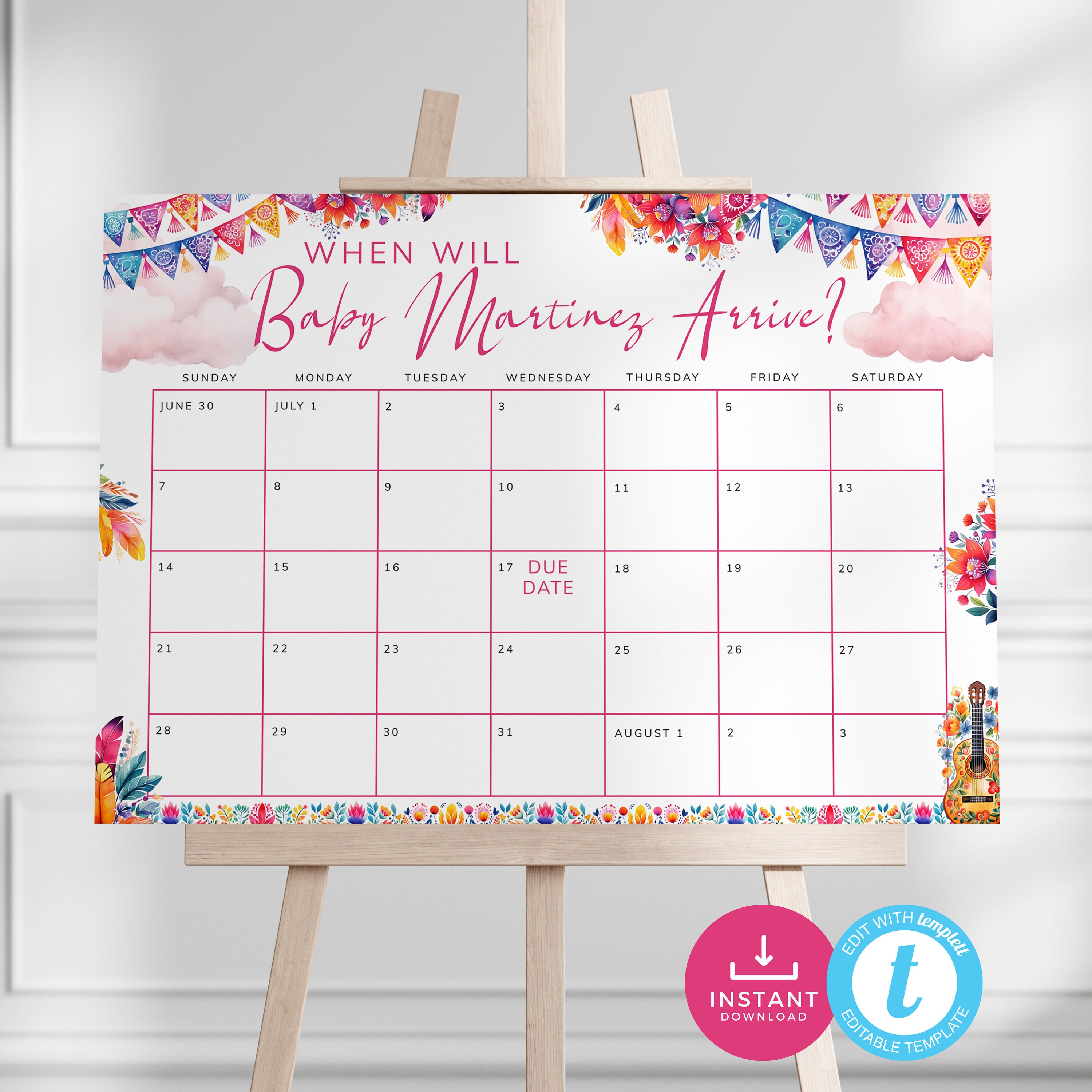 Cielito Lindo Guess the Arrival Date Calendar, Fiesta Theme Baby Shower ...