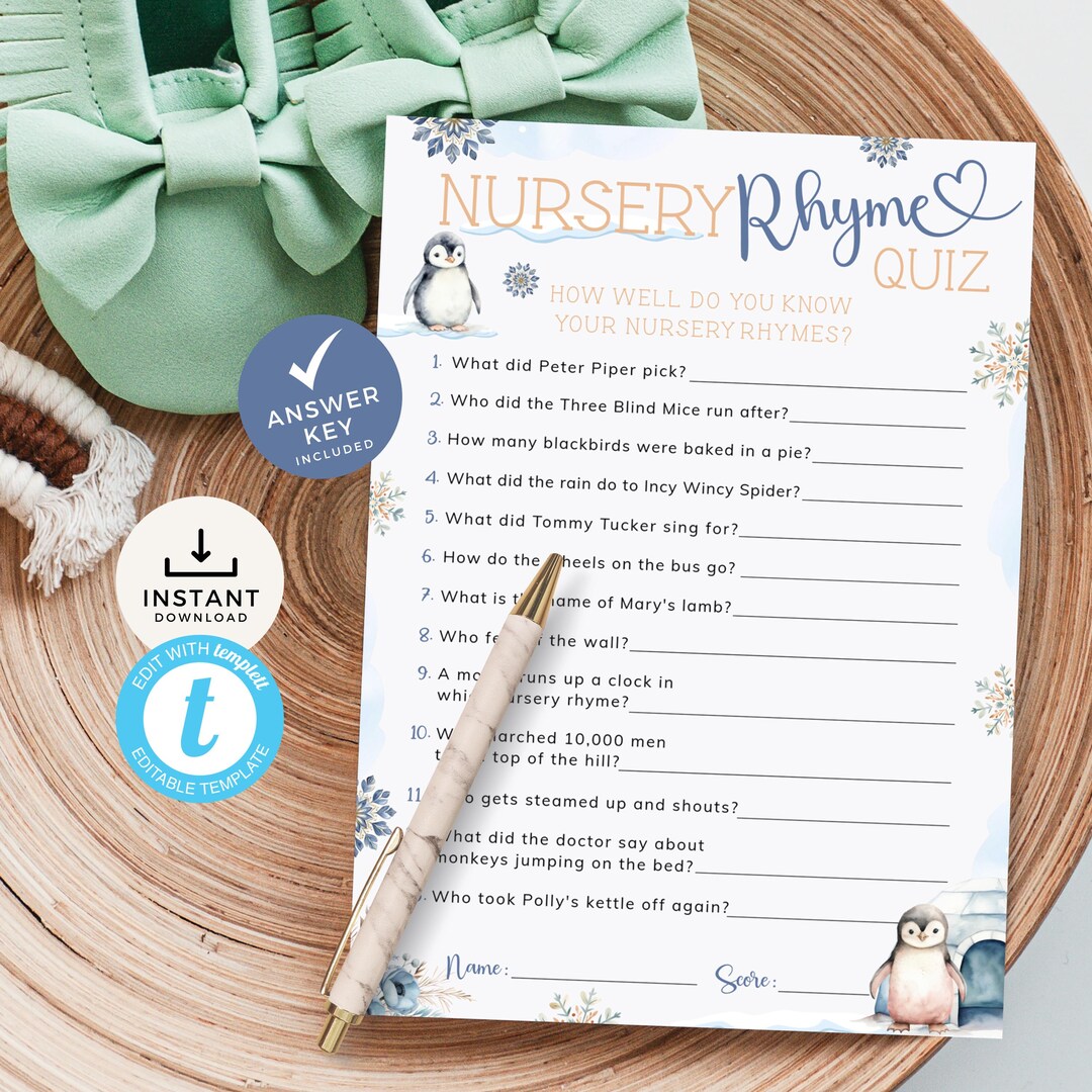 Winter Nursery Rhyme Quiz, Snow in Love Baby Shower Games, Guess the ...
