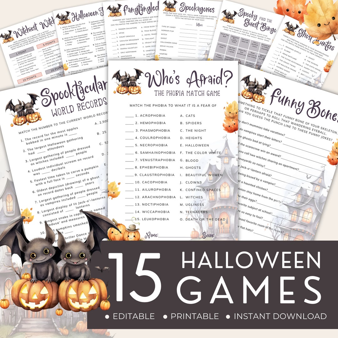 Halloween Party Games Bundle for Teens or Adults, Cute Bats and Haunted ...