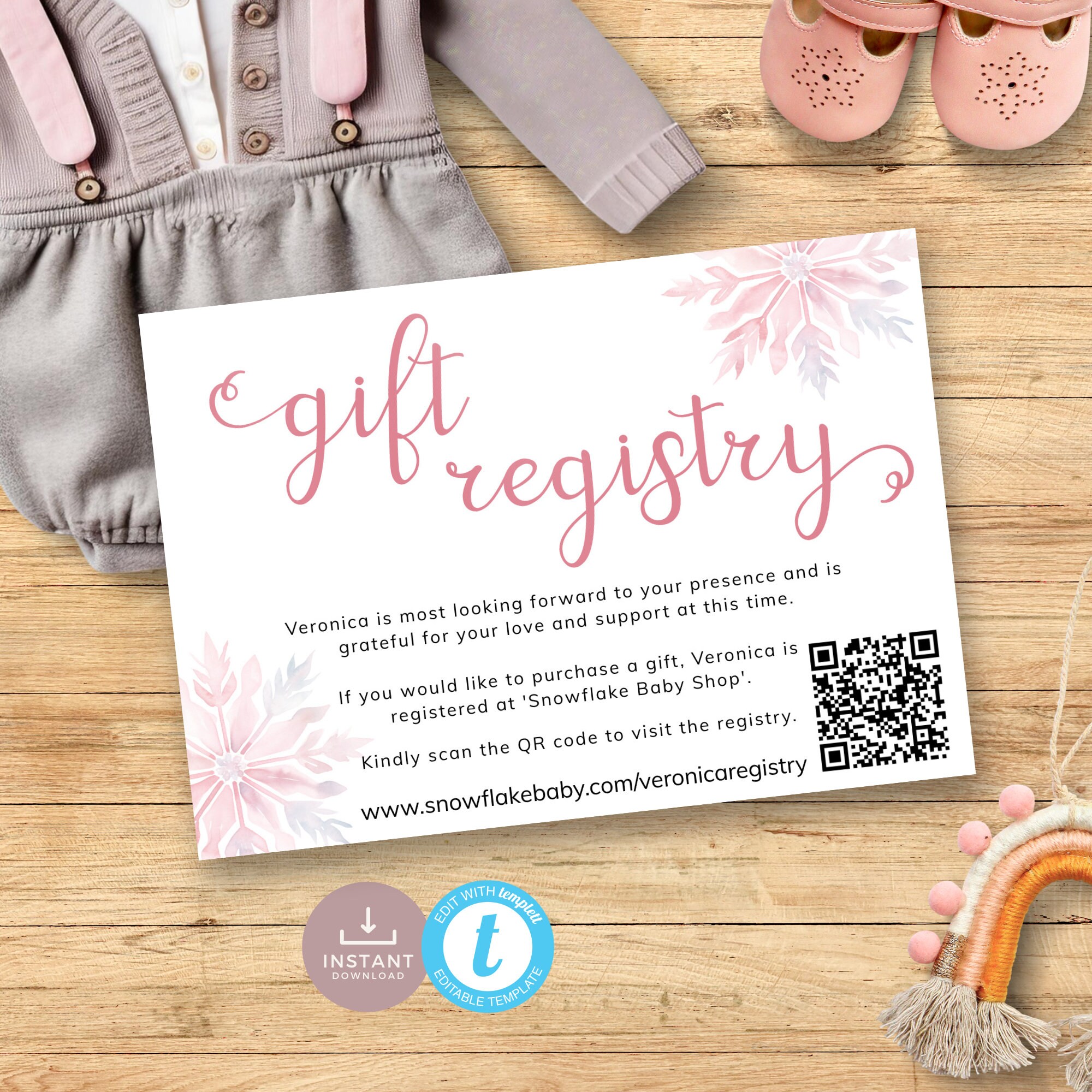 Pink Snowflake Baby Shower Registry Card With Qr Code, Winter Themed ...