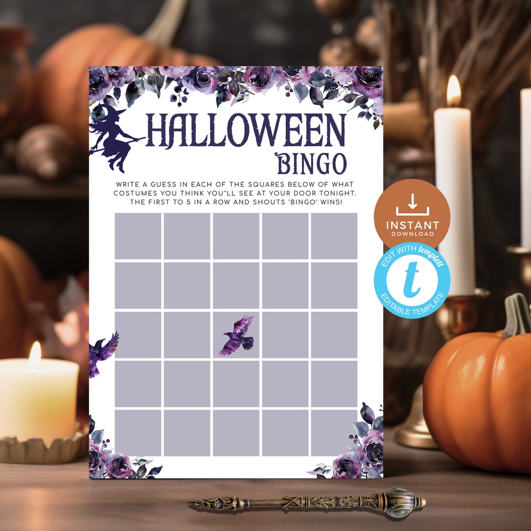 Halloween Bingo Game Card, Witch Themed Guess the Costume, Purple ...