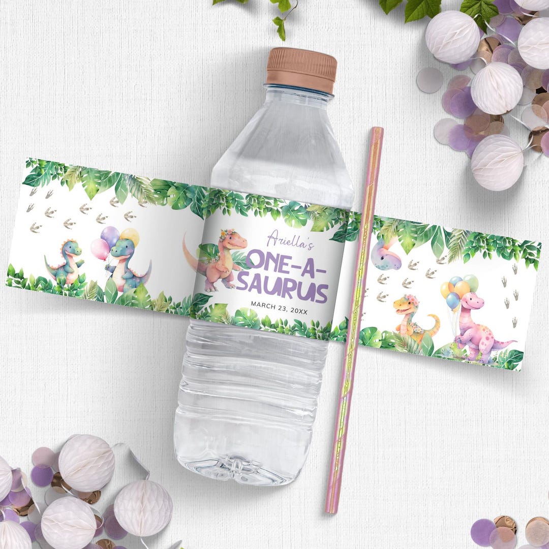 One A Saurus Dinosaur Water Bottle Wrapper, First Birthday Party Decor ...