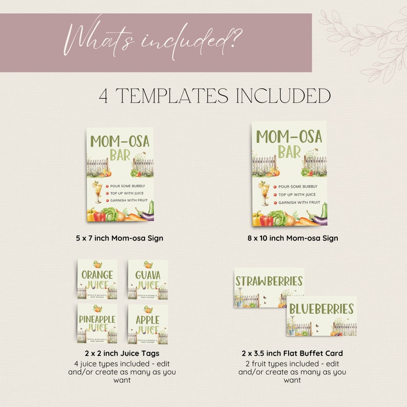 Locally Grown Momosa Bar Sign Template With Juice Labels & Fruit Buffet ...