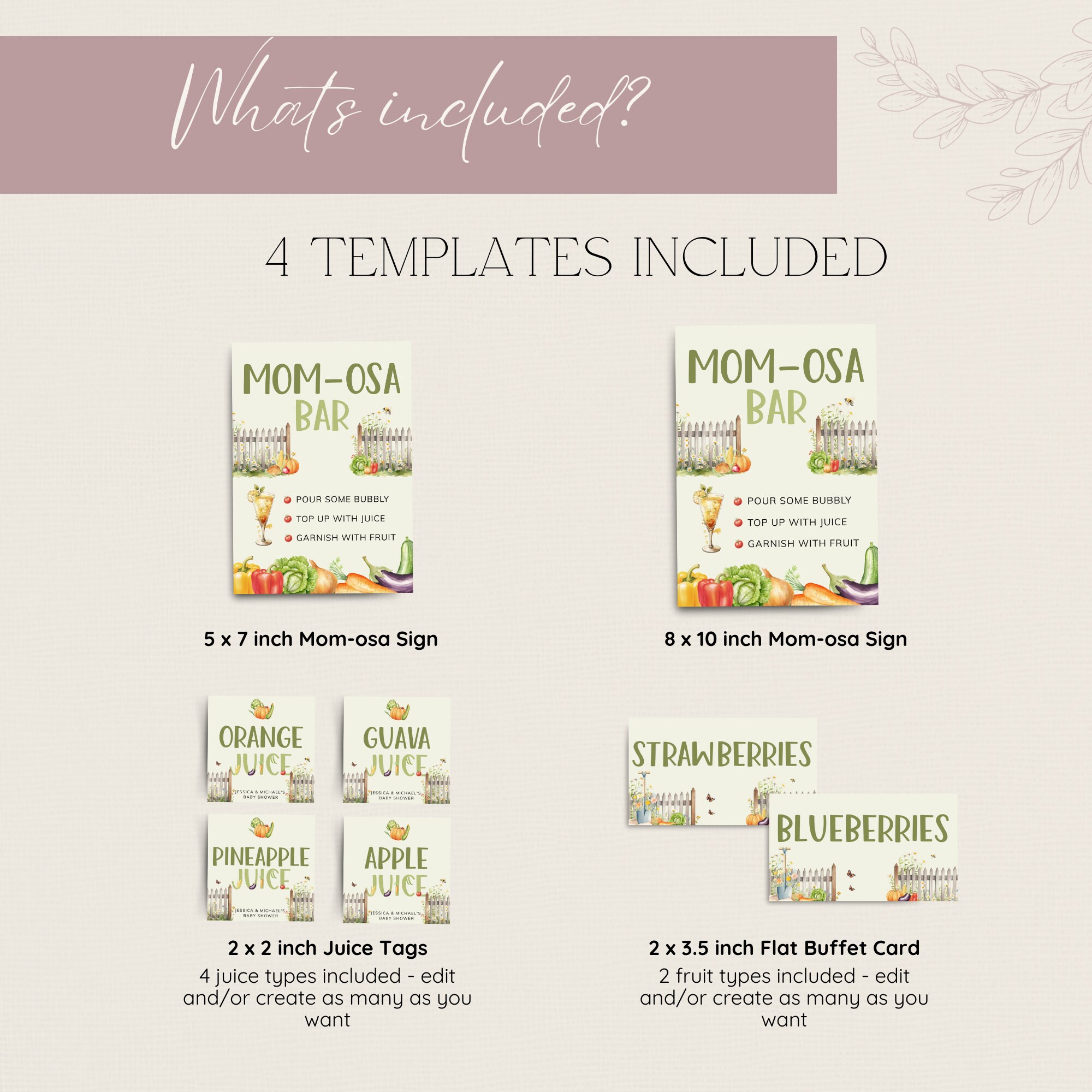 Locally Grown Momosa Bar Sign Template With Juice Labels & Fruit Buffet ...