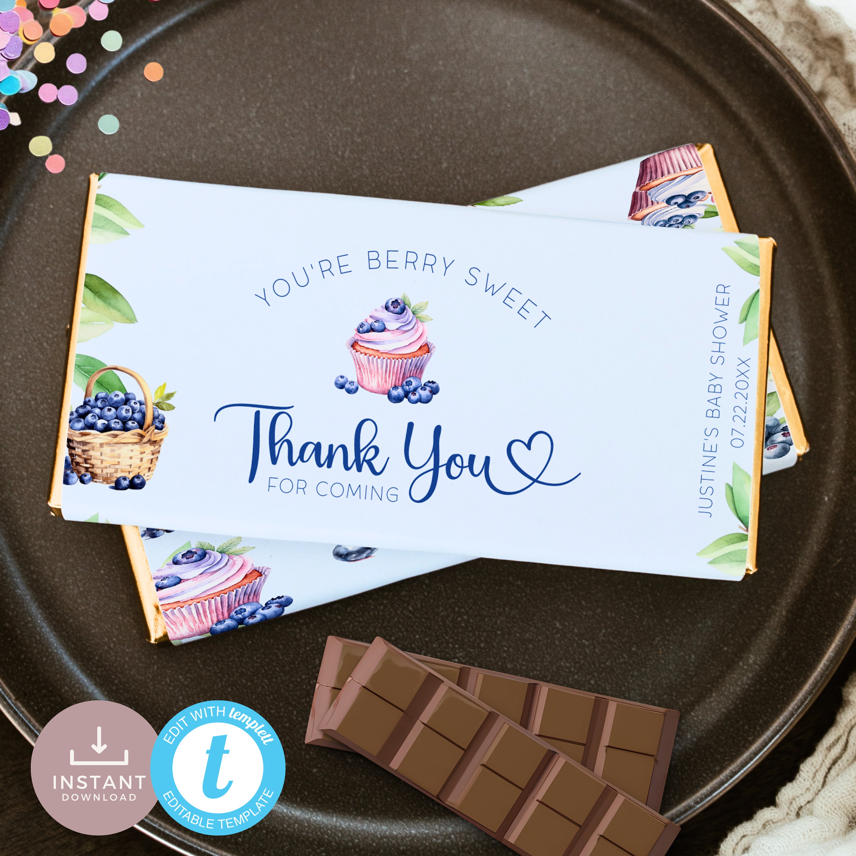 Blueberry Candy Bar Wrapper Template, Berry Sweet Favor Chocolate Cover Label, Bright Blue ...