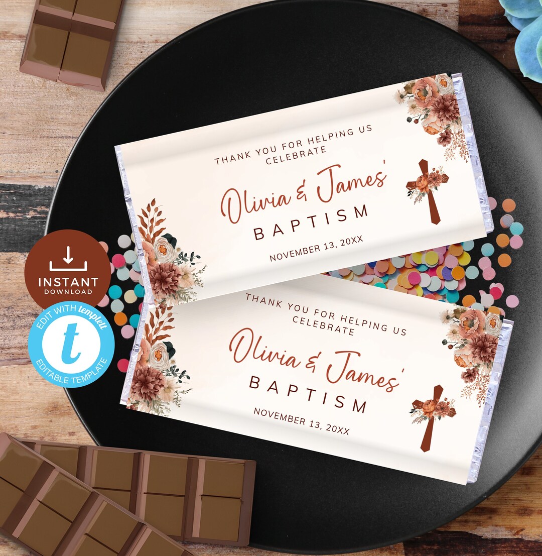 Fall Candy Bar Wrapper Baptism, Terracotta Christening Decor, Chocolate ...