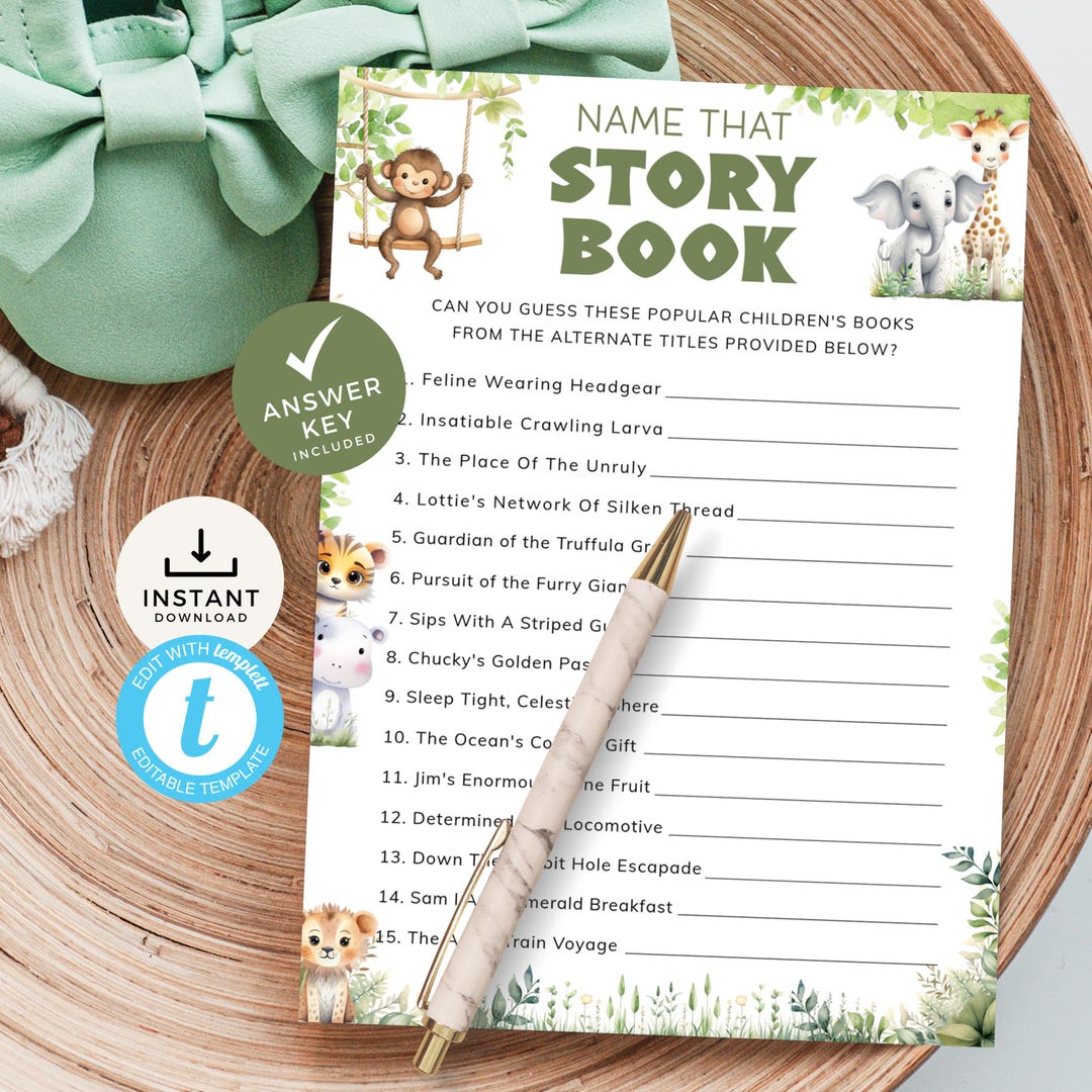 Name That Storybook Baby Shower Game, Alternate Titles Game, Safari ...