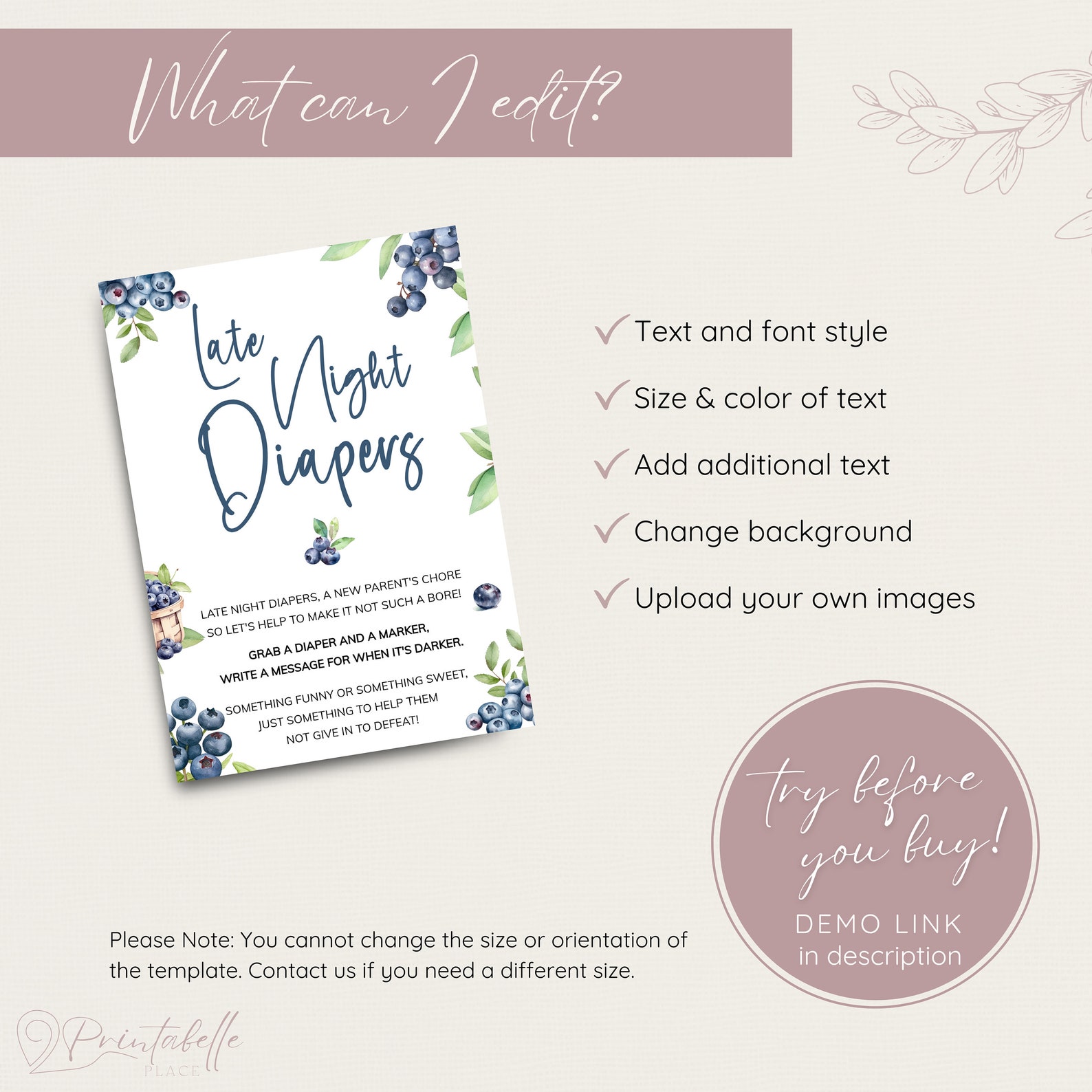 Blueberry Late Night Diapers Sign Template, Berry Sweet Baby Shower ...